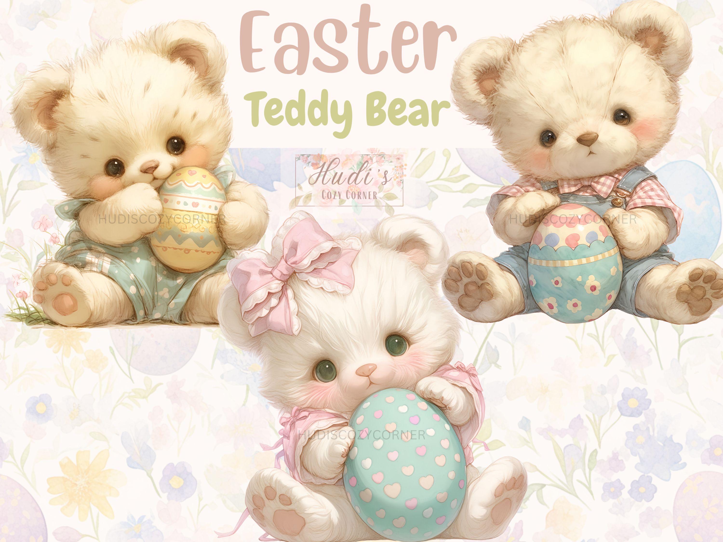 23 Cute Teddy Bear With Easter Egg Clipart, Watercolor Pastel Spring ...