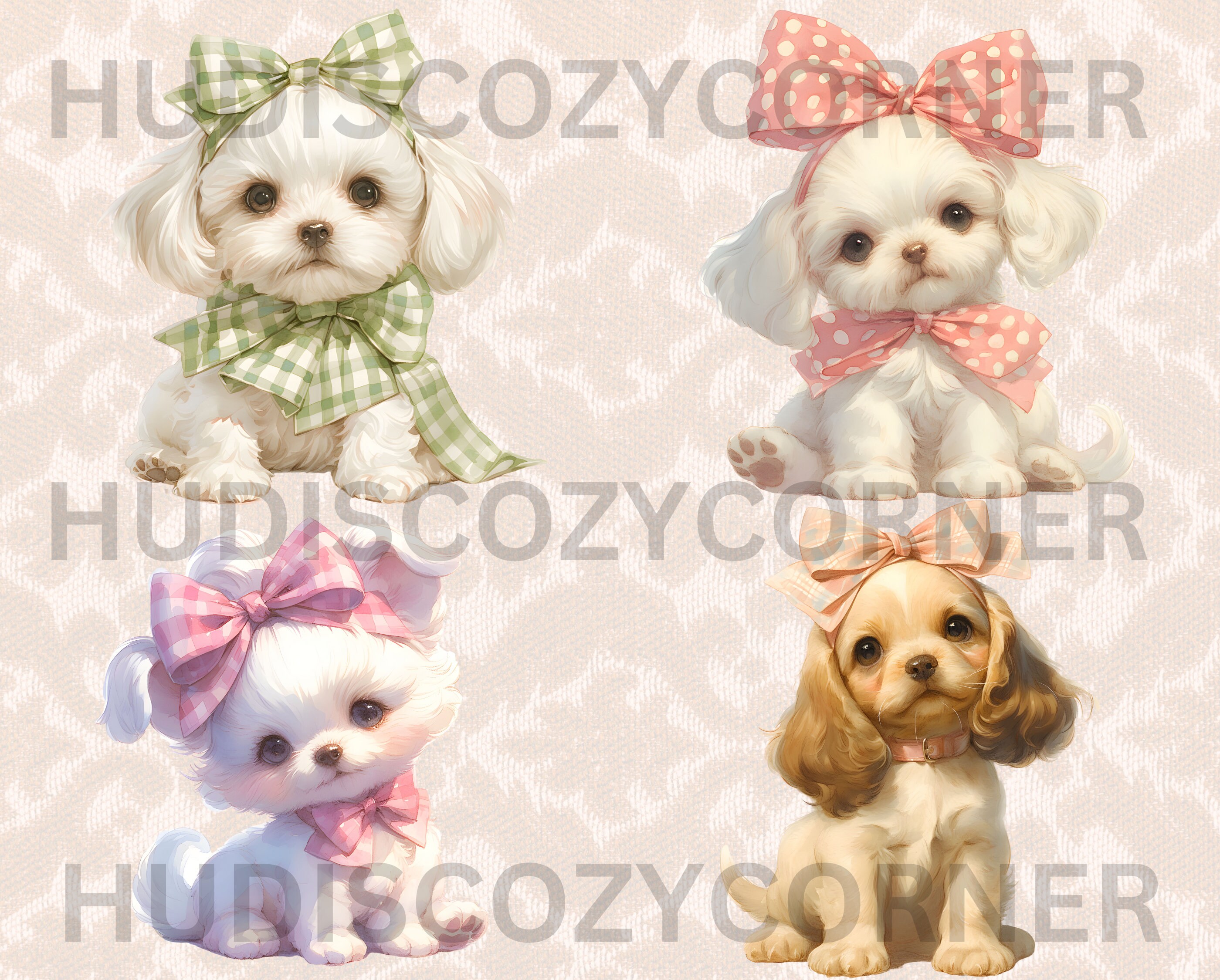 36 Cute Puppy With Bow Clipart Bundle, Watercolor Vintage Puppies ...