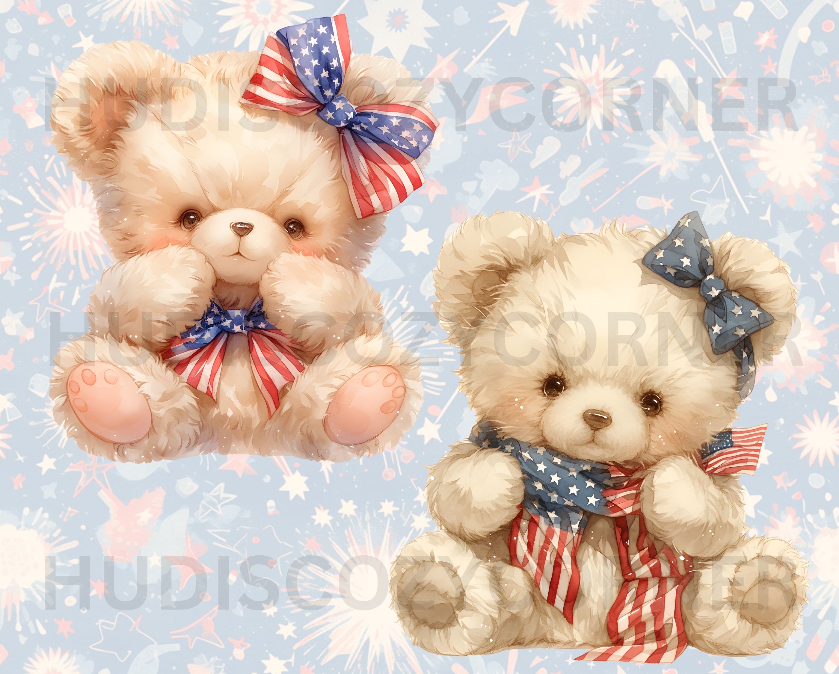 10 Cute 4th of July Teddy Bear Clipart Bundle, Watercolor Baby Bears ...