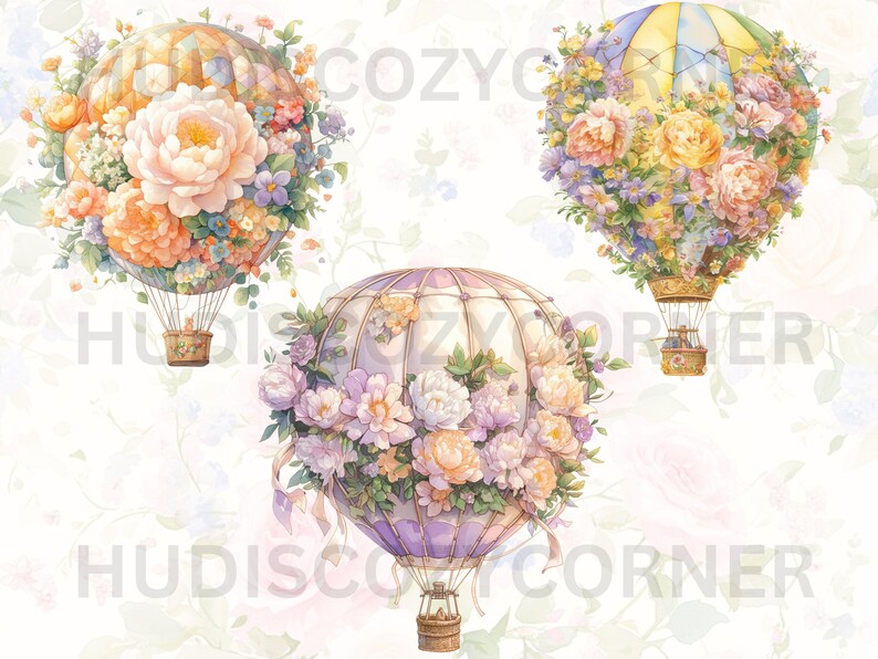 15 Vintage Hot Air Balloon Clipart Bundle, Floral Watercolor Nursery ...