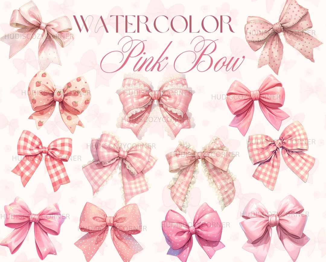 30 Cute Pink Gingham Bow Clipart Bundle, Watercolor Pink Coquette Bows ...