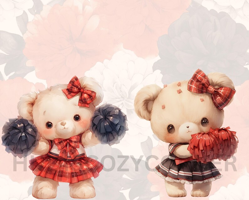 12 Cheerleader Teddy Bear Clipart, Watercolor Black and Red Cheer Pom ...