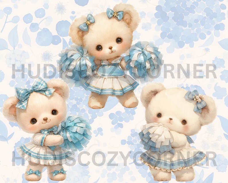 12 Cheerleader Teddy Bear Clipart, Watercolor Blue and White Cheer Pom ...