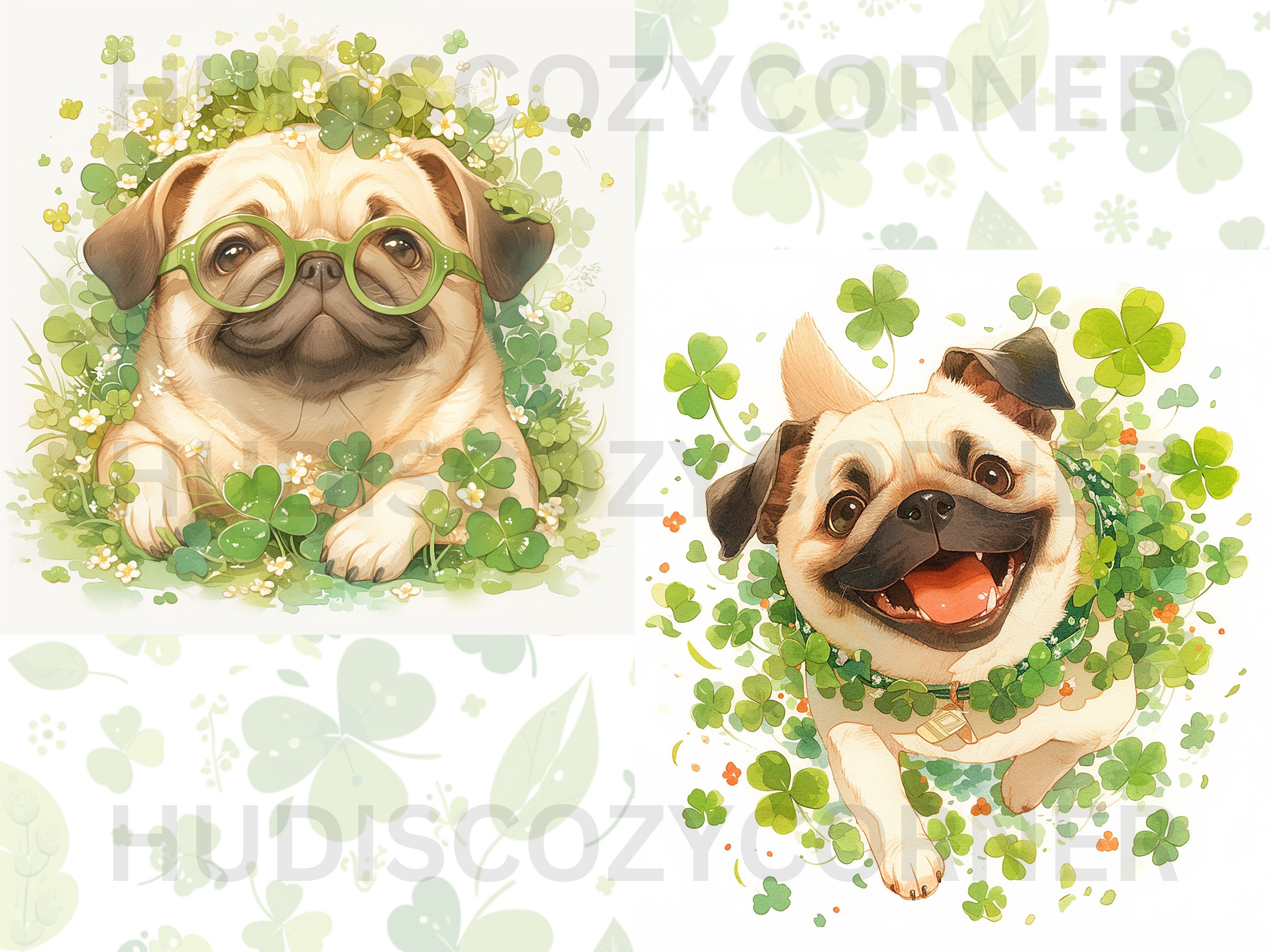 12 Cute St Patricks Day Pug Clipart Bundle, Watercolor Jpg Puppy Image ...