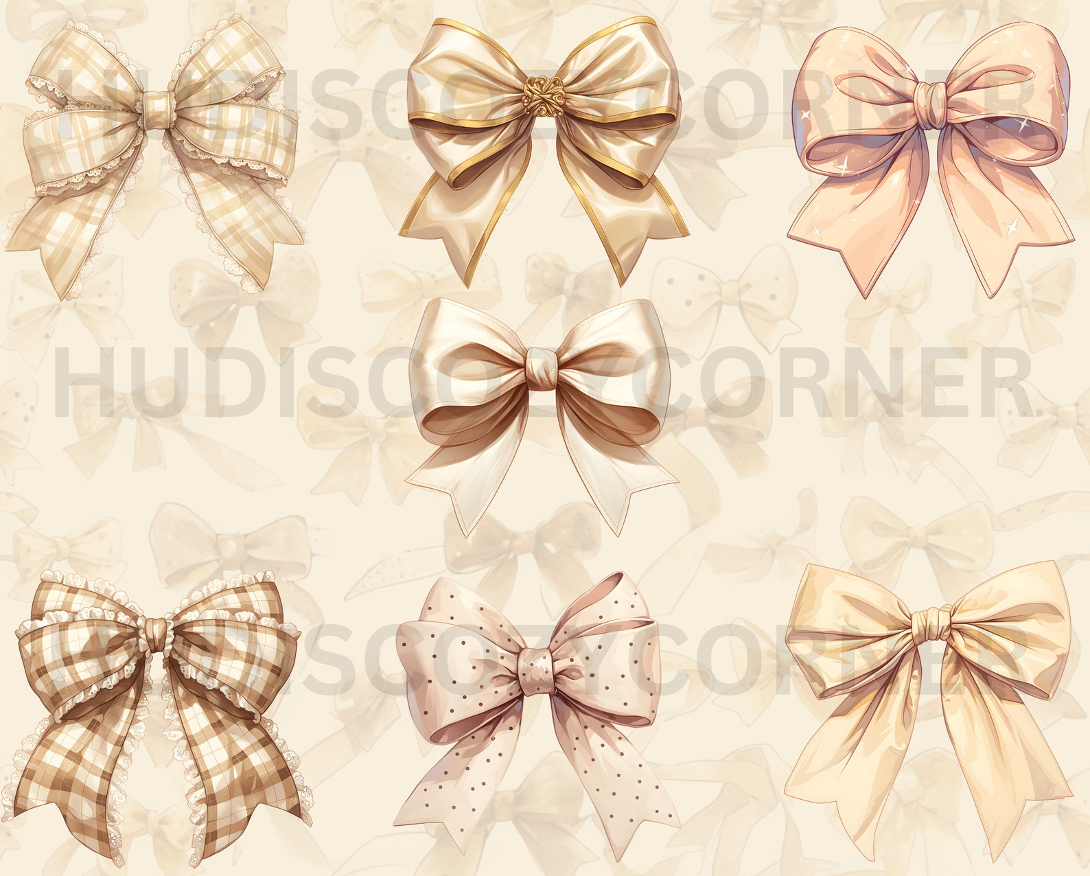 42 Cute Beige Brown Gingham Bow Clipart Bundle, Watercolor Silk Bows ...