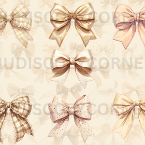 42 Cute Beige Brown Gingham Bow Clipart Bundle, Watercolor Silk Bows ...