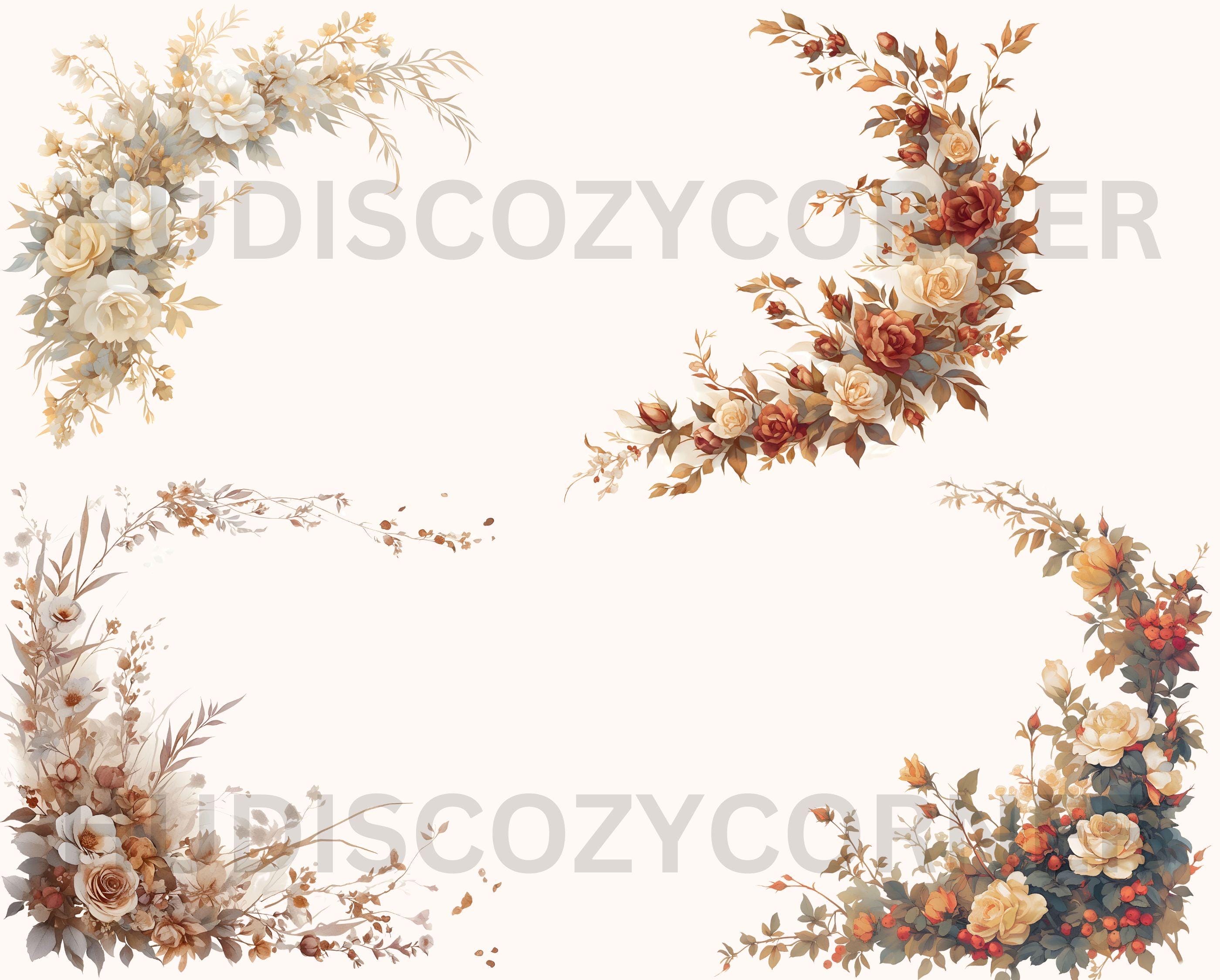 26 Autumn Rose Floral Border Clipart, Soft Watercolor Fall Rose Flower ...