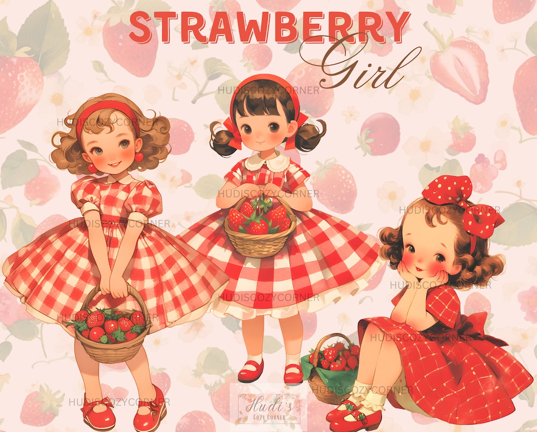 13 Strawberry Girl in Summer Dress Clipart Bundle, Watercolor Vintage ...