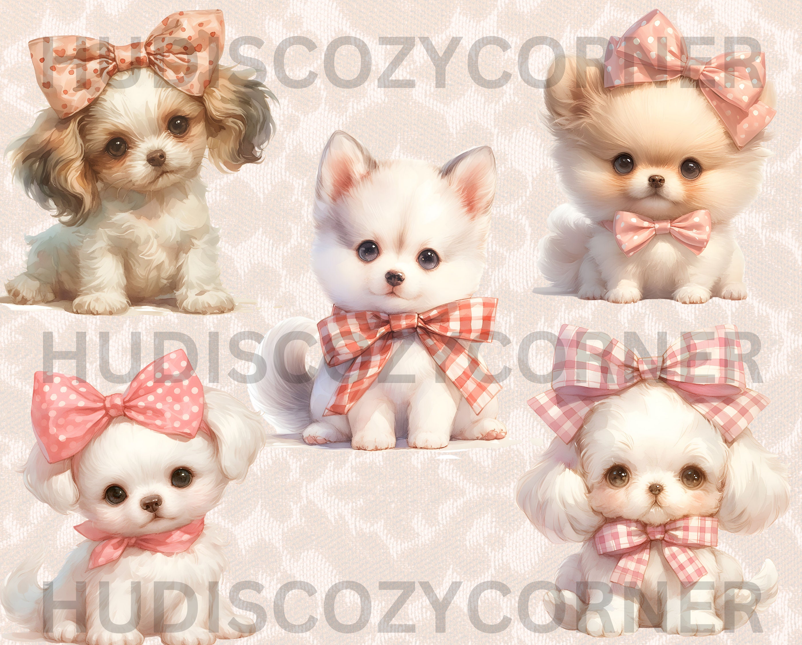 36 Cute Puppy With Bow Clipart Bundle, Watercolor Vintage Puppies ...