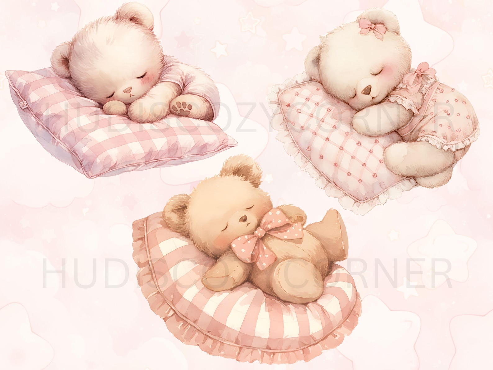 17 Cute Sleeping Teddy Bear Clipart Bundle, Watercolor Pink Teddies on ...