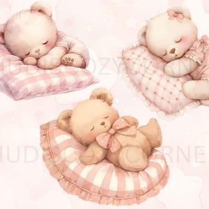 17 Cute Sleeping Teddy Bear Clipart Bundle, Watercolor Pink Teddies on ...