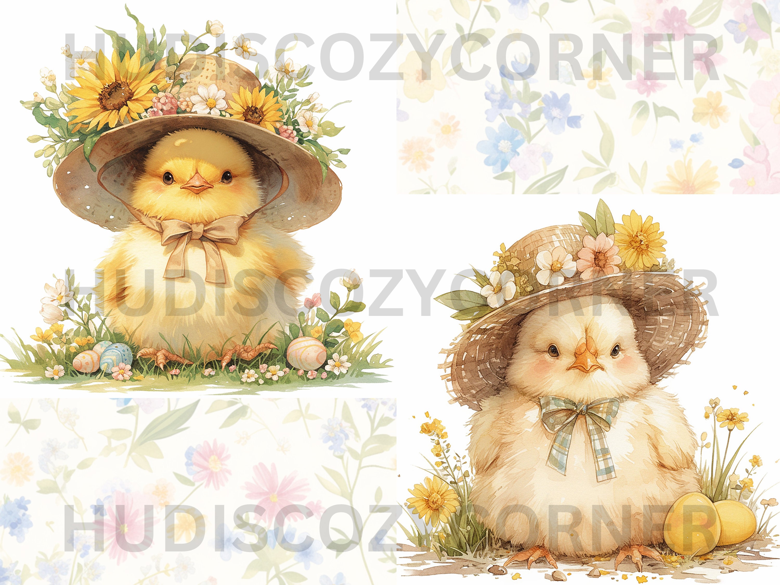 8 Chicks With Easter Bonnets Clipart Bundle, Watercolor Spring Flowers ...