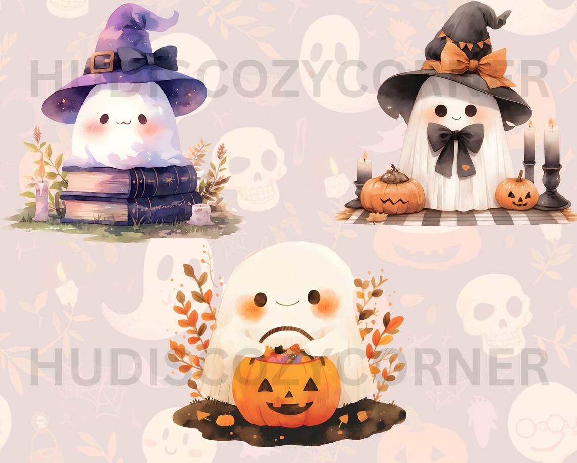 18 Cute Halloween Ghost Clipart Bundle, Watercolor Orange and Purple ...