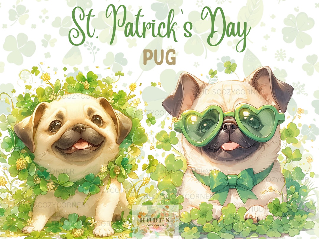 12 Cute St Patricks Day Pug Clipart Bundle, Watercolor Jpg Puppy Image ...