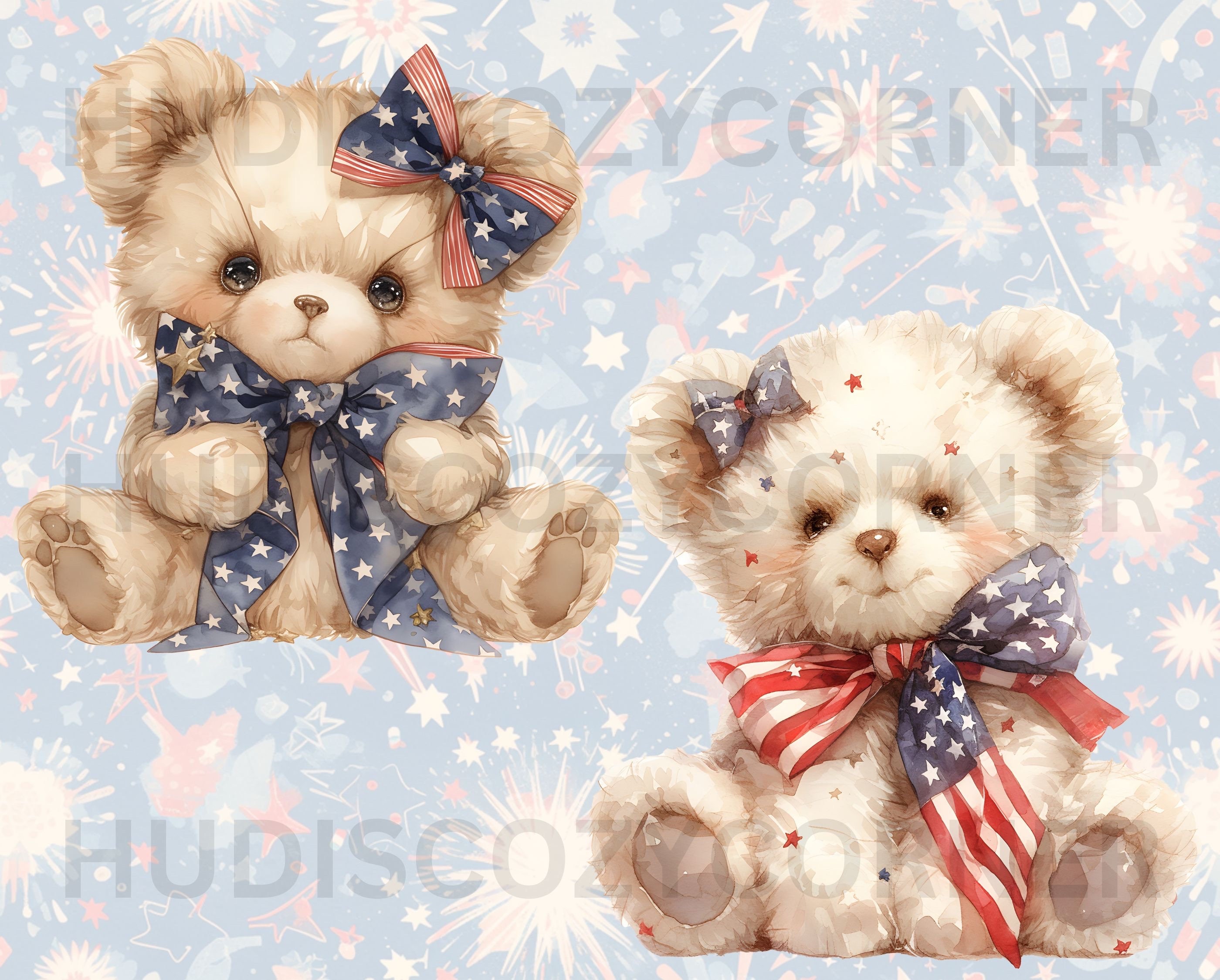 10 Cute 4th Of July Teddy Bear Clipart Bundle, Watercolor Baby Bears ...
