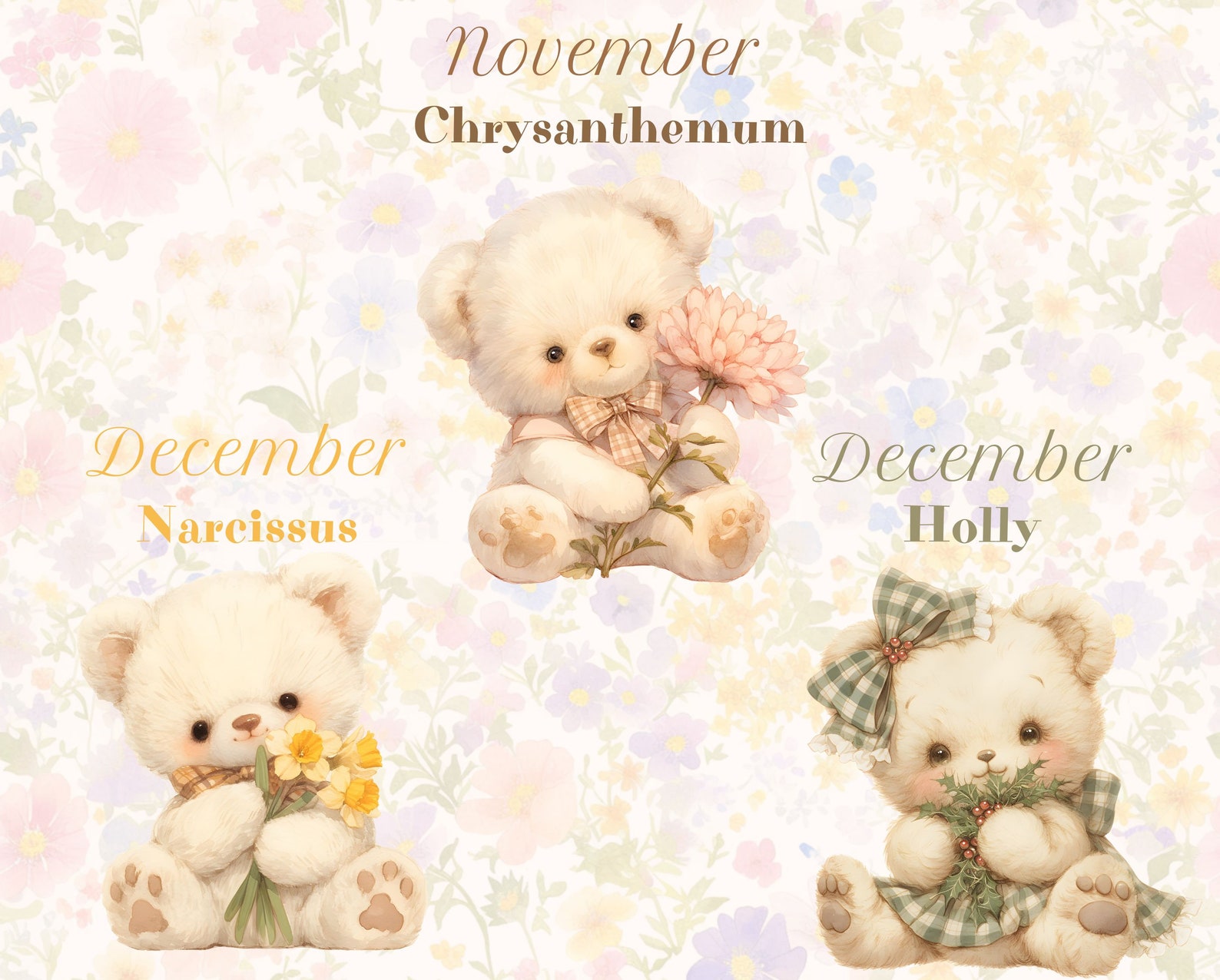 23 Birth Month Flower Teddy Bear Clipart, Watercolor Bears With Flowers ...