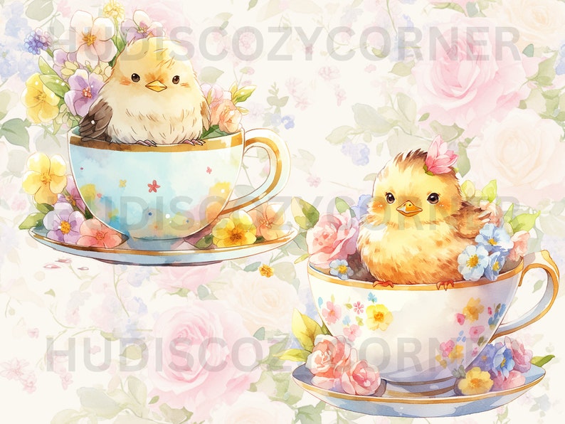 10 Spring Watercolor Baby Chicks in Teacups Clipart Bundle, Spring ...