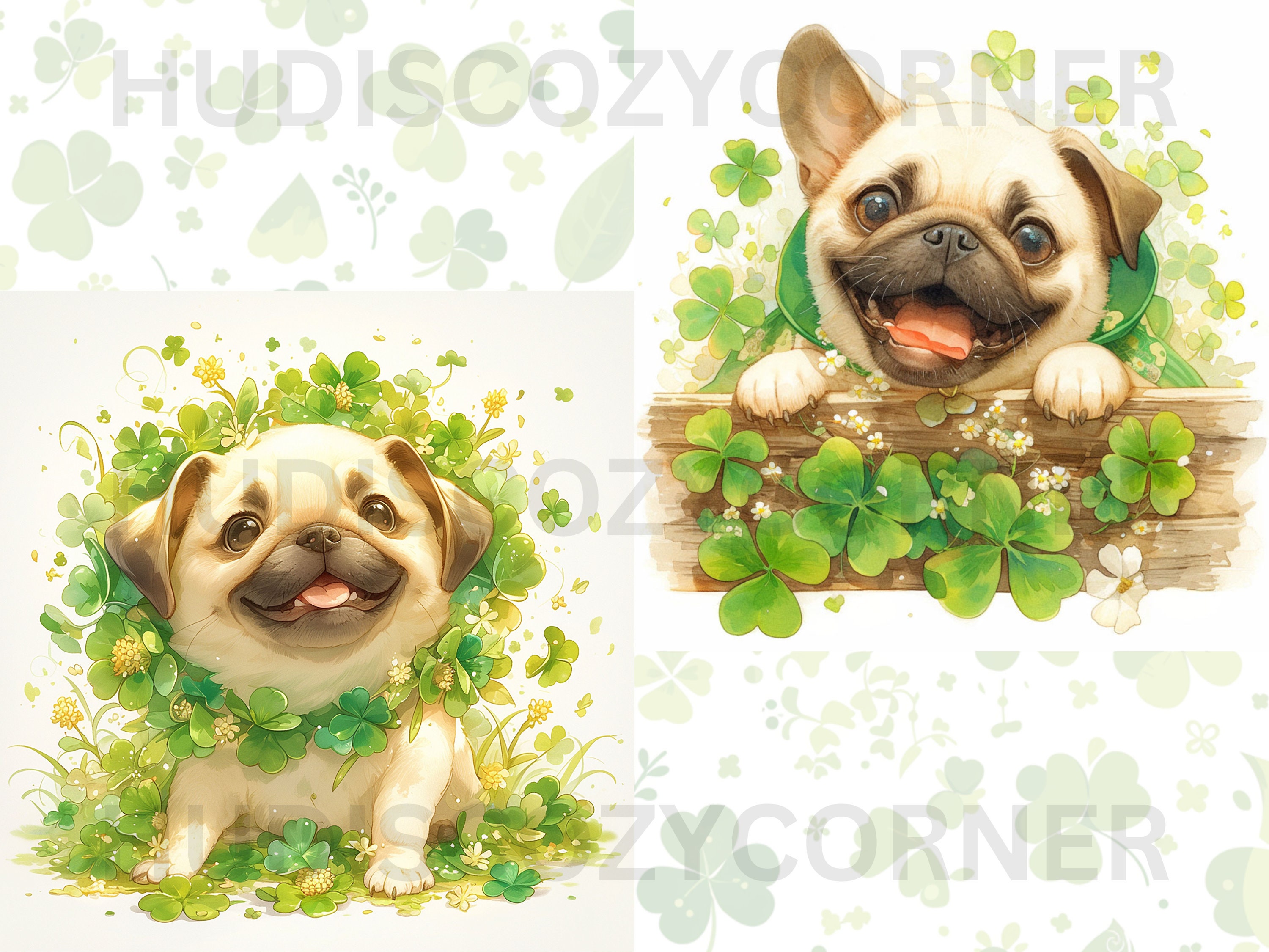 12 Cute St Patricks Day Pug Clipart Bundle, Watercolor Jpg Puppy Image ...