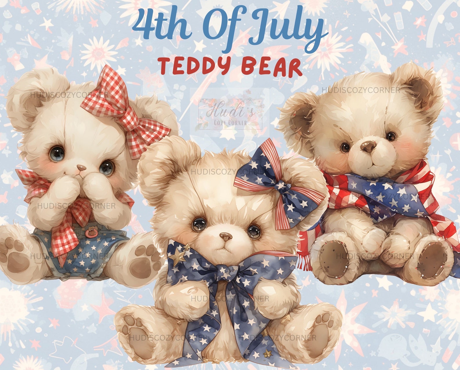 10 Cute 4th of July Teddy Bear Clipart Bundle, Watercolor Baby Bears ...