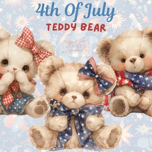 10 Cute 4th of July Teddy Bear Clipart Bundle, Watercolor Baby Bears ...
