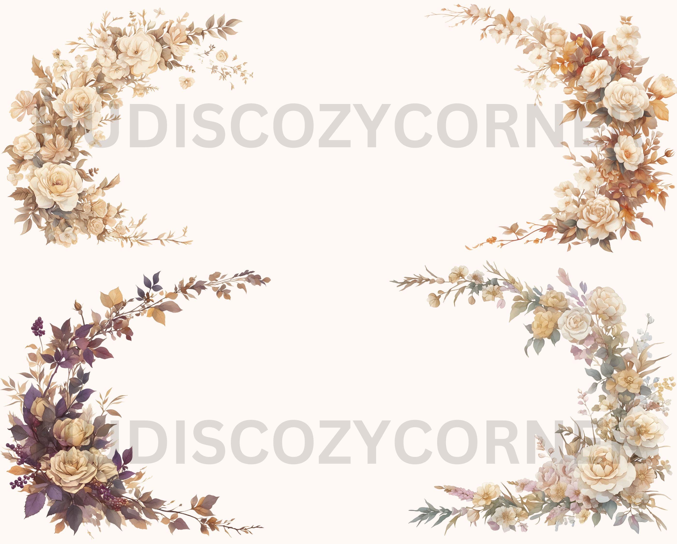 26 Autumn Rose Floral Border Clipart, Soft Watercolor Fall Rose Flower ...