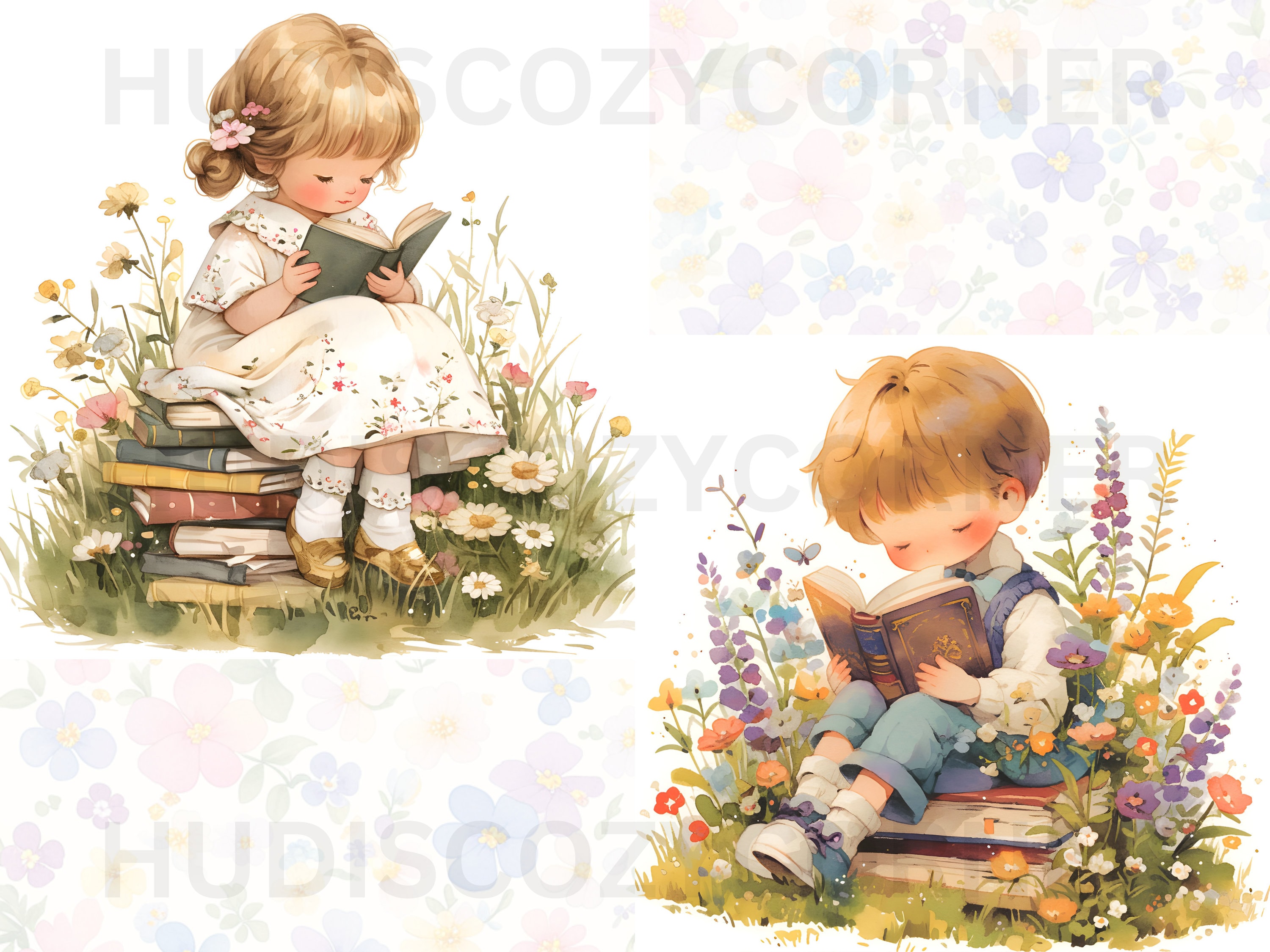 9 Vintage Reading Toddlers Clipart Bundle, Watercolor Spring Kids ...