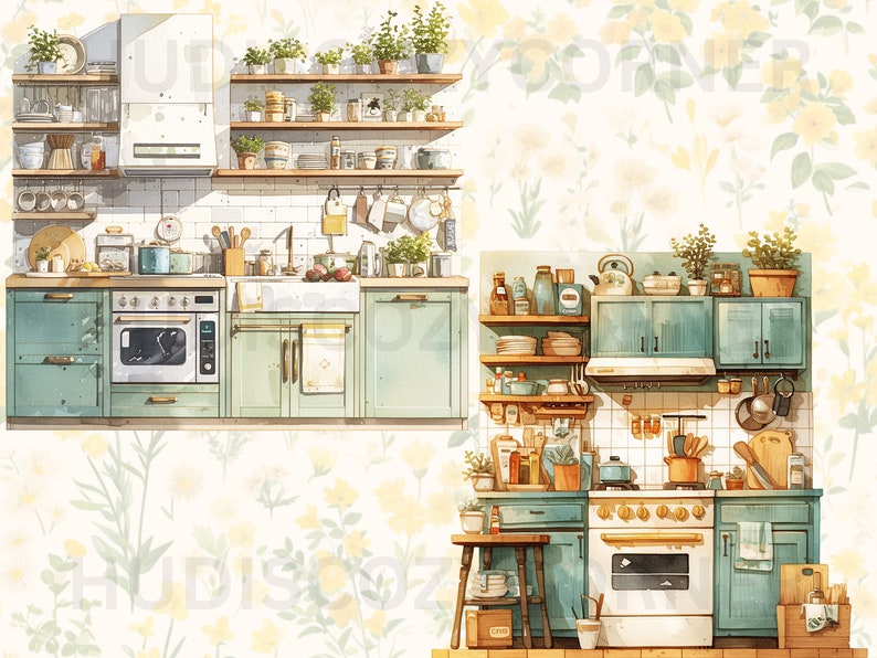 8 Cute & Cozy Kitchen Watercolor Clipart, High Quality PNG, Digital ...