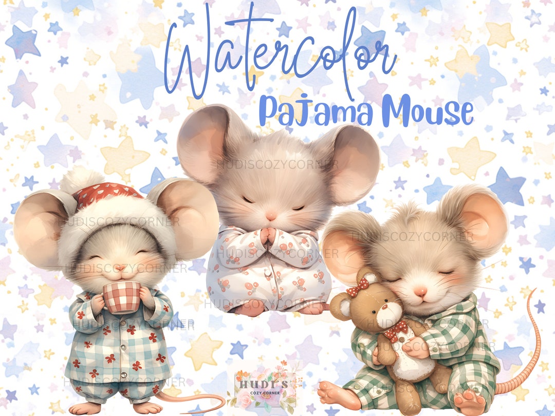 8 Cute Mouse in Pajama Clipart, Watercolor Mice in Pajamas Bundle, PNG ...