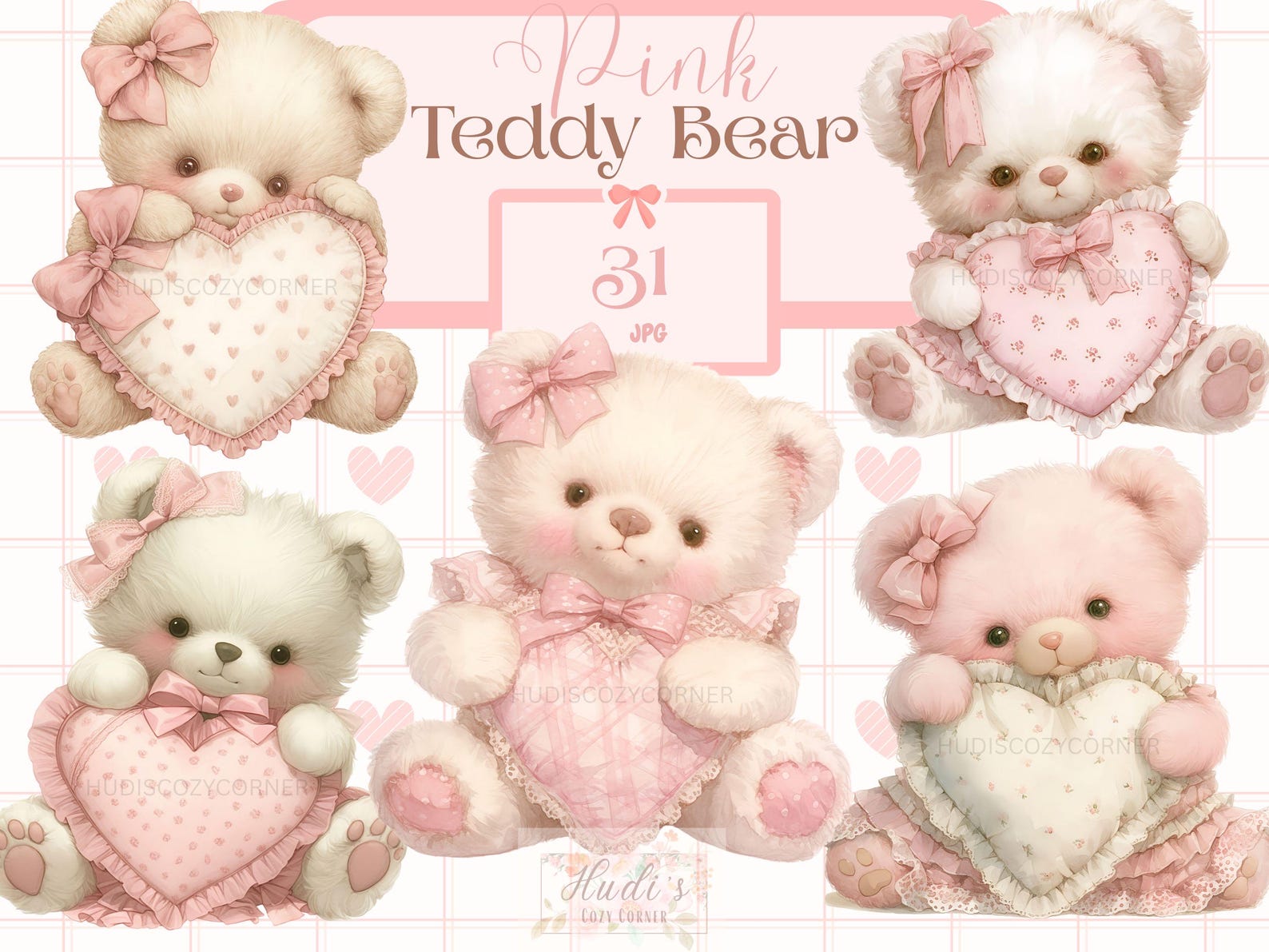 31 Pink Baby Teddy Bear With Heart Pillow Clipart, Watercolor Pink ...