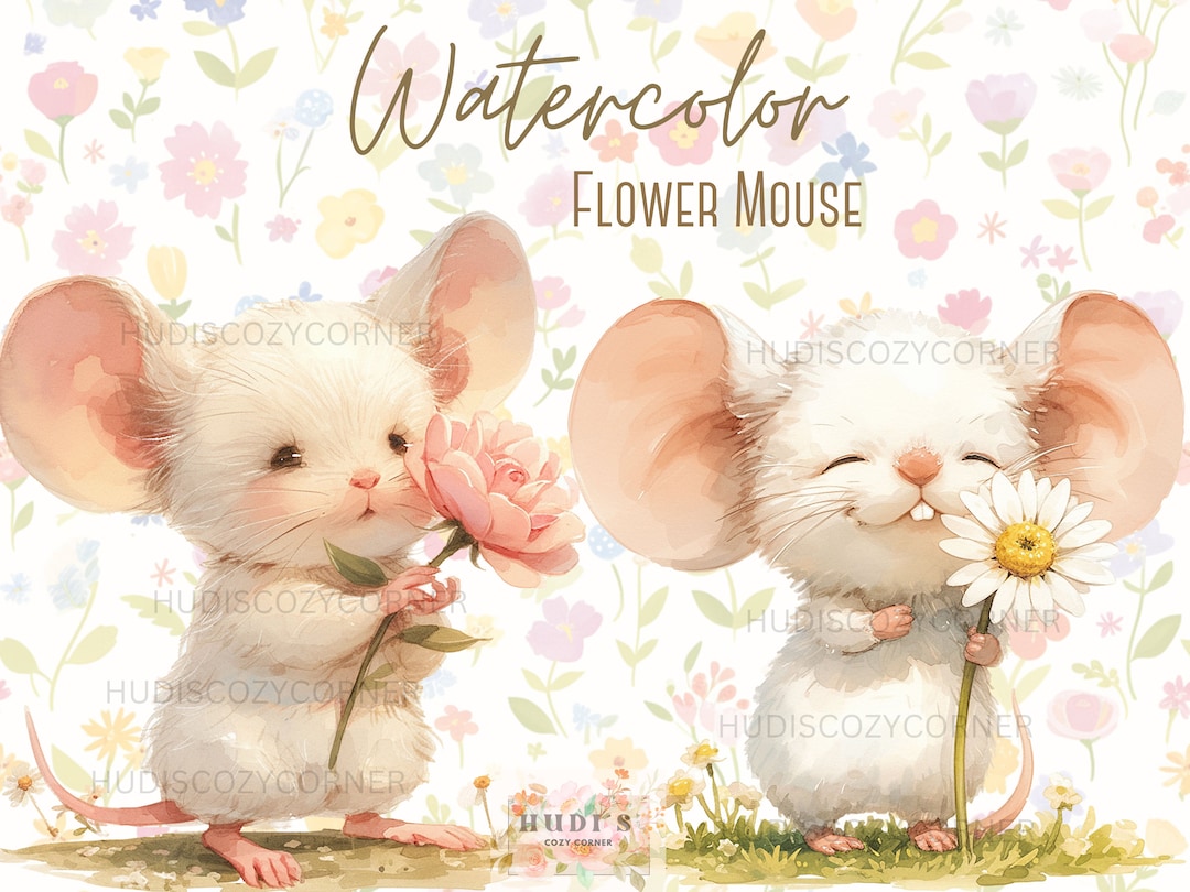 8 Cute Mouse and Flower Clipart, Printable Watercolor Floral Mice ...