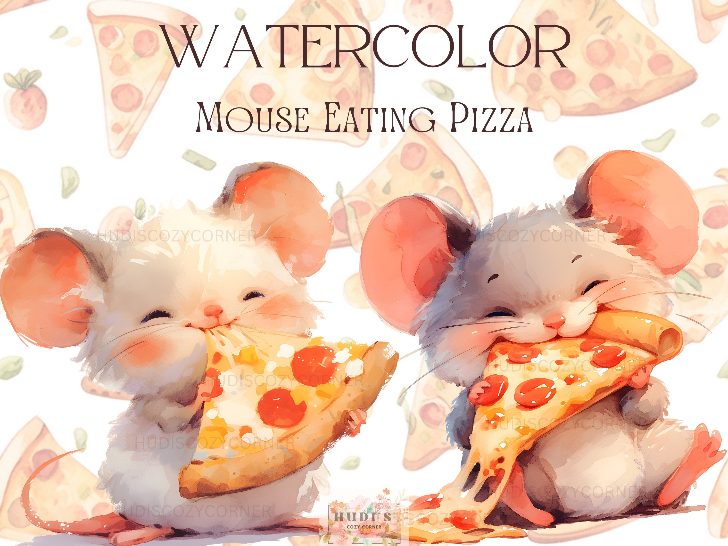 10 Cute Mice Eating Pizza Clipart, Printable Watercolor Mouse Bundle ...