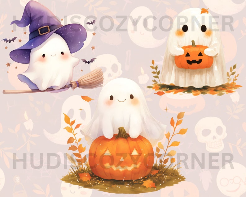18 Cute Halloween Ghost Clipart Bundle, Watercolor Orange and Purple ...