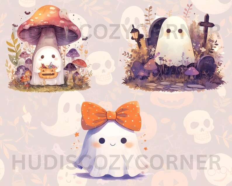 18 Cute Halloween Ghost Clipart Bundle, Watercolor Orange and Purple ...