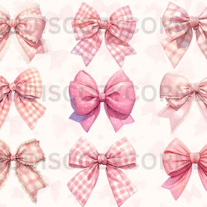 30 Cute Pink Gingham Bow Clipart Bundle, Watercolor Pink Coquette Bows ...