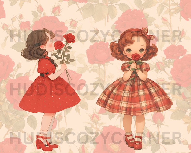 10 Vintage Girl in Red Clipart Bundle, Watercolor Spring Retro Girl in ...
