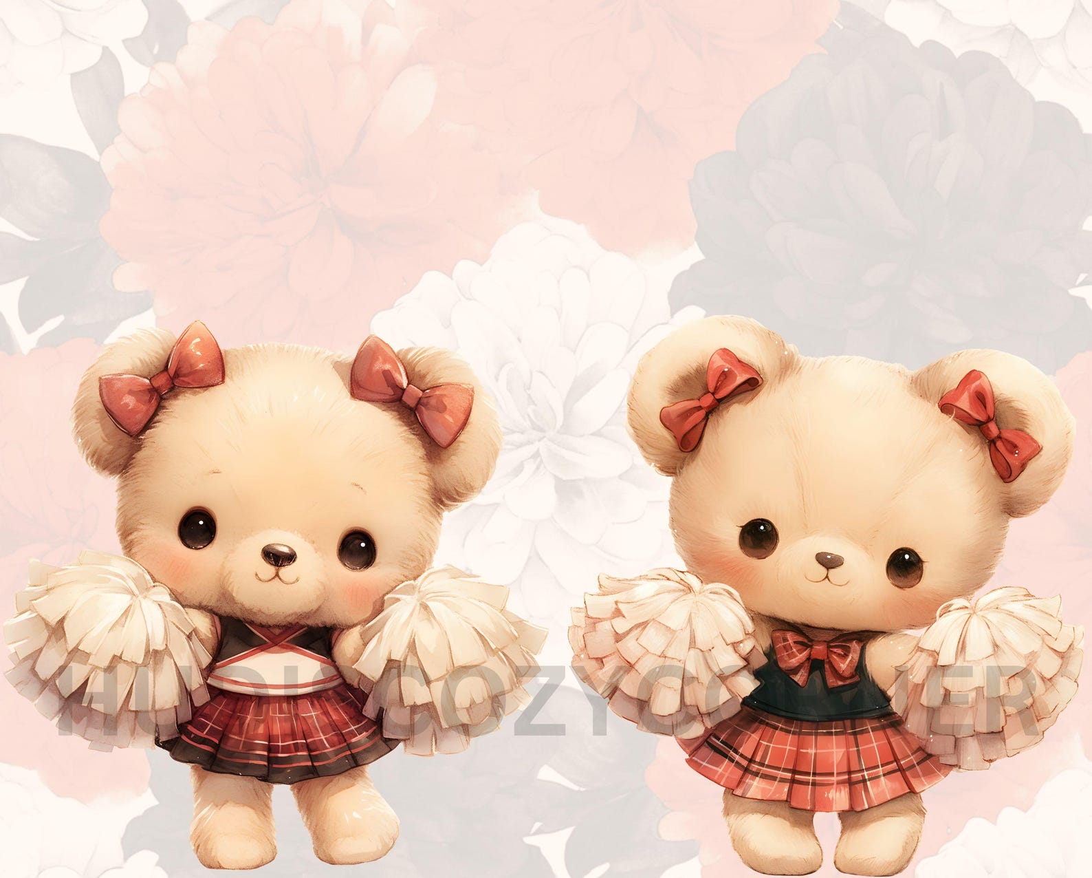12 Cheerleader Teddy Bear Clipart, Watercolor Black and Red Cheer Pom ...
