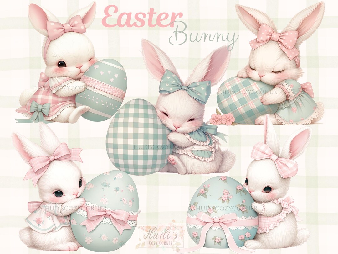 25 Bunny With Easter Egg Clipart, Watercolor Pastel Bow Bunnies, JPG ...