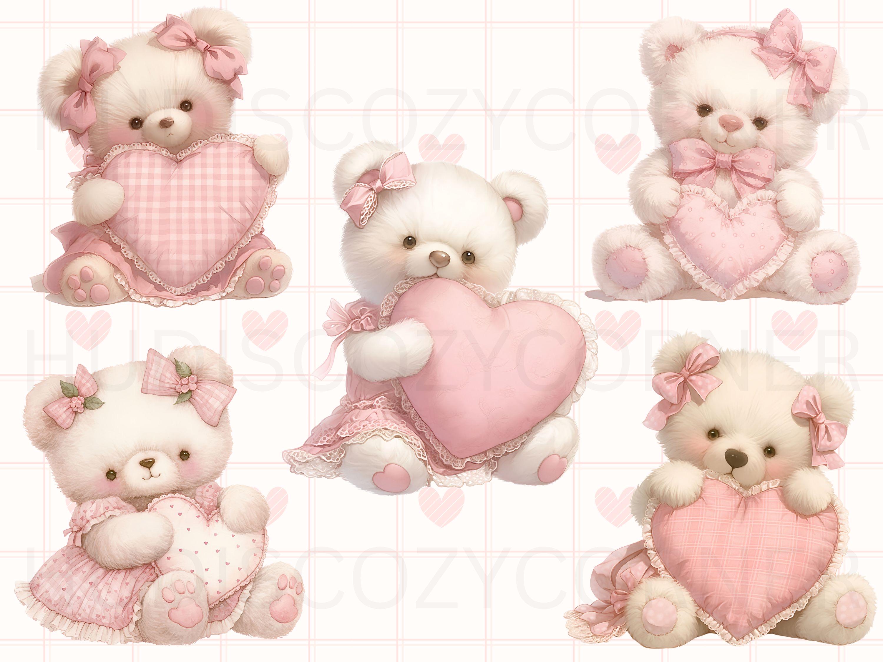 31 Pink Baby Teddy Bear With Heart Pillow Clipart, Watercolor Pink ...