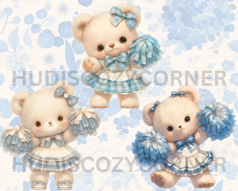 12 Cheerleader Teddy Bear Clipart, Watercolor Blue and White Cheer Pom ...