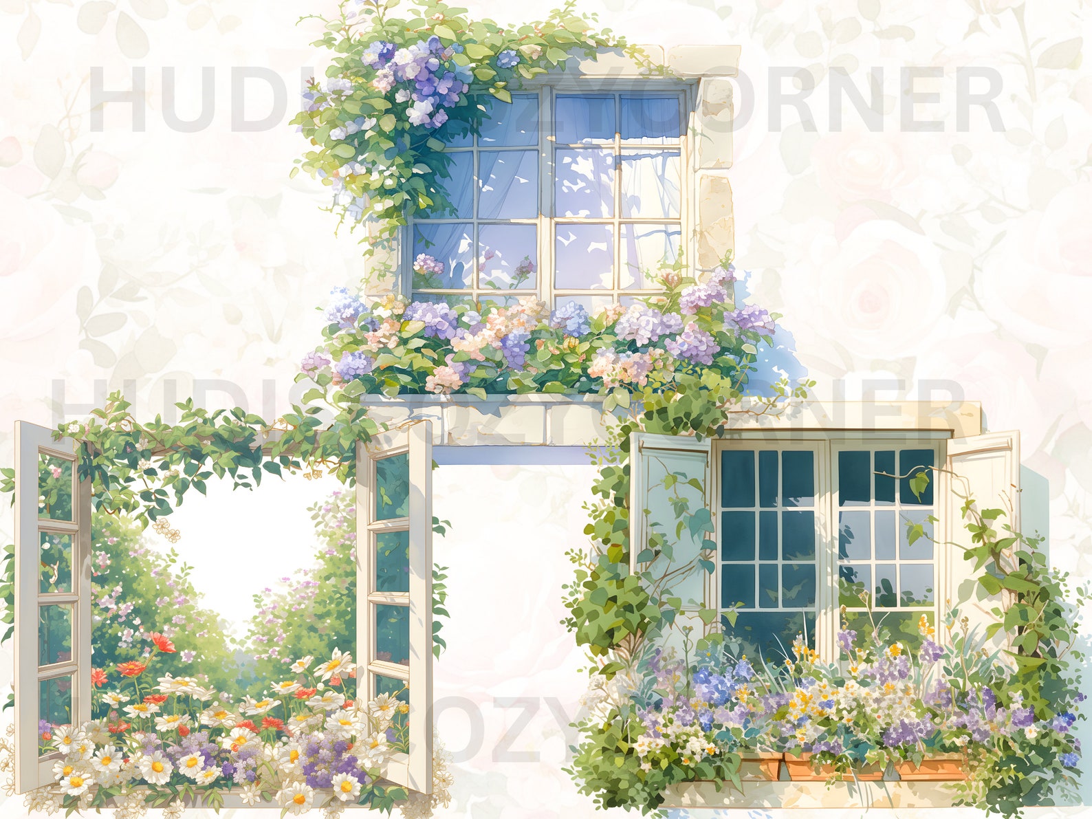 20 Spring Floral Window Clipart, Spring Flower Window View Bundle, Cozy ...