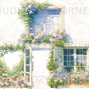 20 Spring Floral Window Clipart, Spring Flower Window View Bundle, Cozy ...
