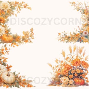 26 Autumn Floral Border Clipart Bundle, Watercolor Fall Leaves and ...