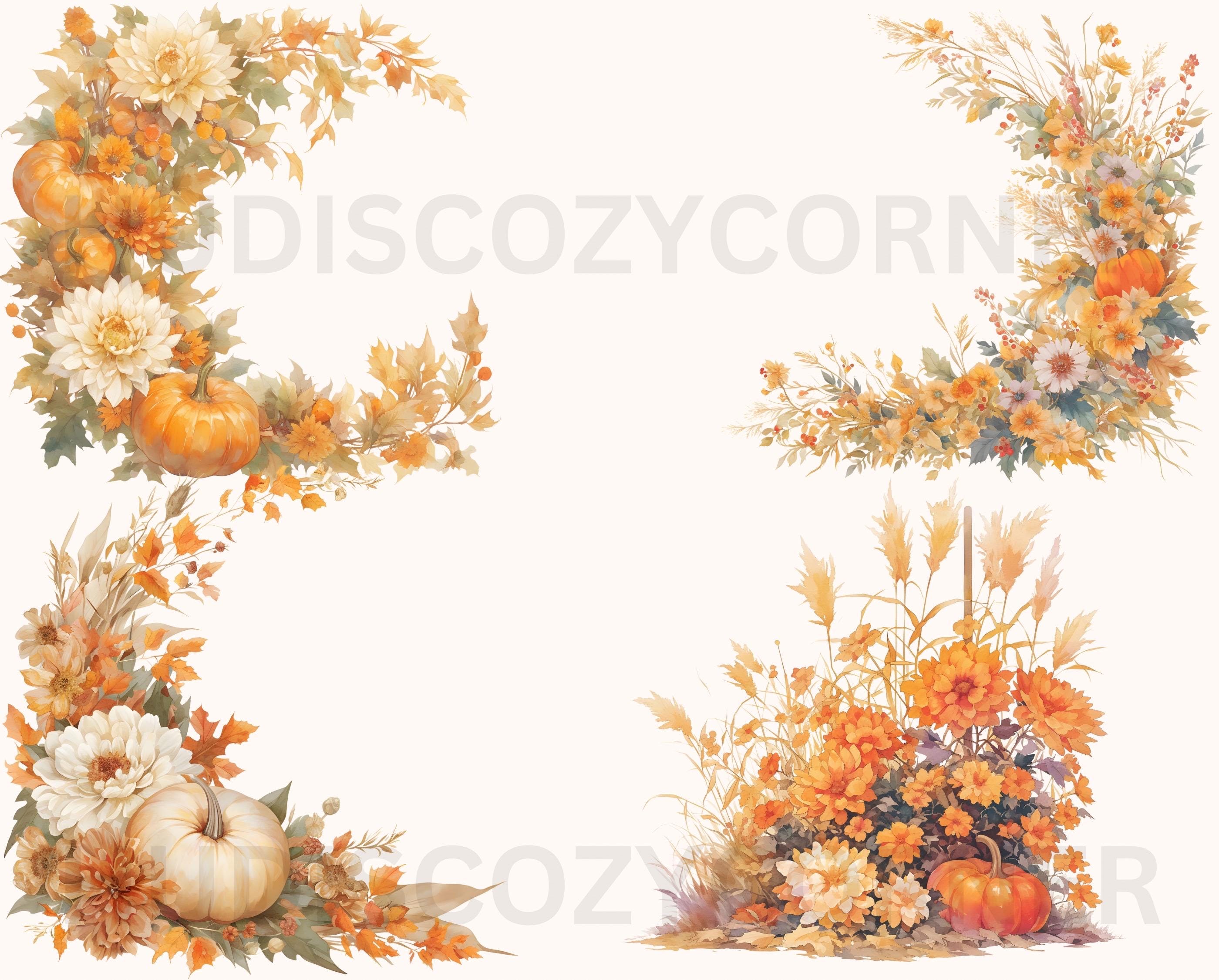 26 Autumn Floral Border Clipart Bundle, Watercolor Fall Leaves and ...