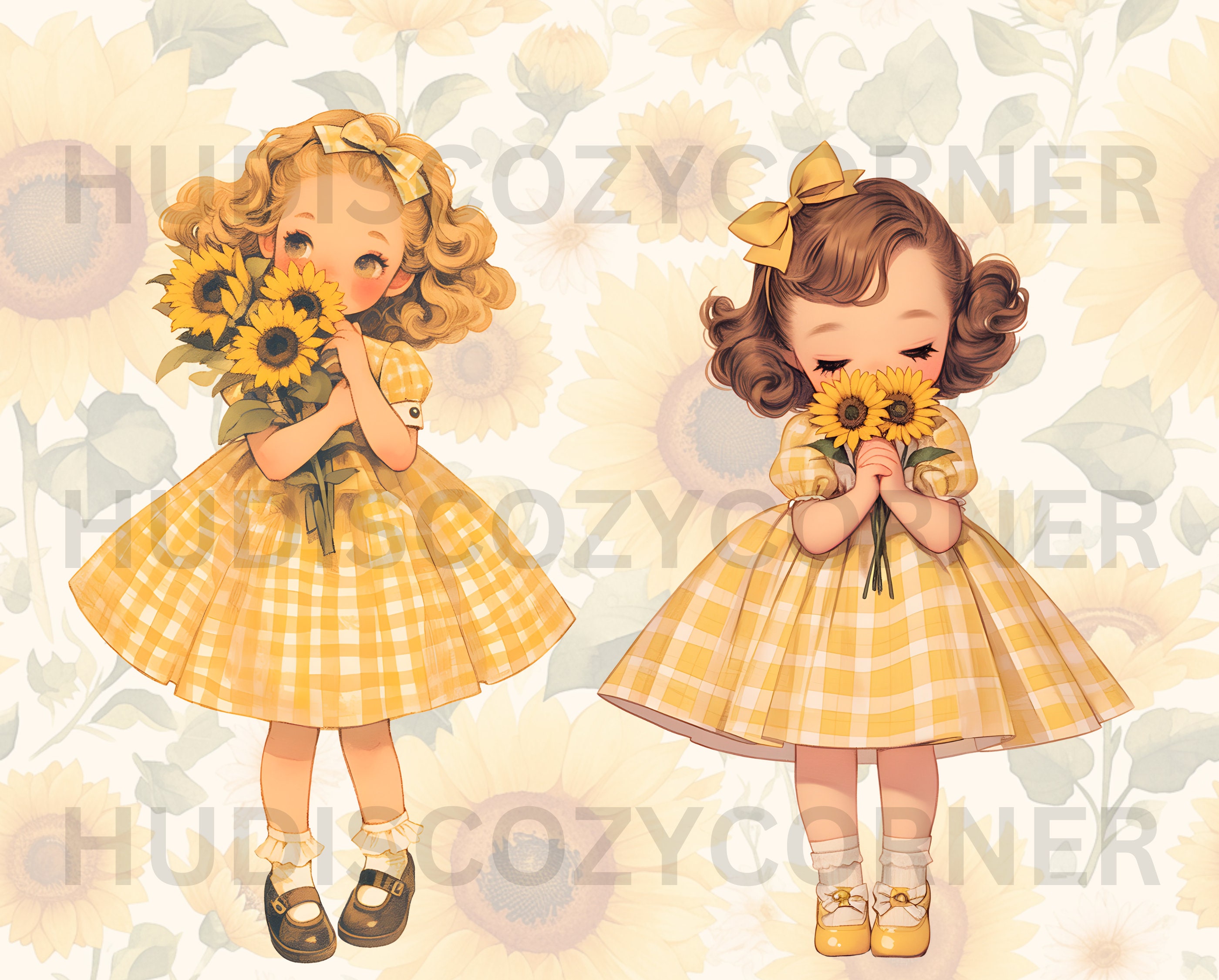 12 Vintage Sunflower Girl Clipart Bundle, Watercolor Girl in Yellow ...