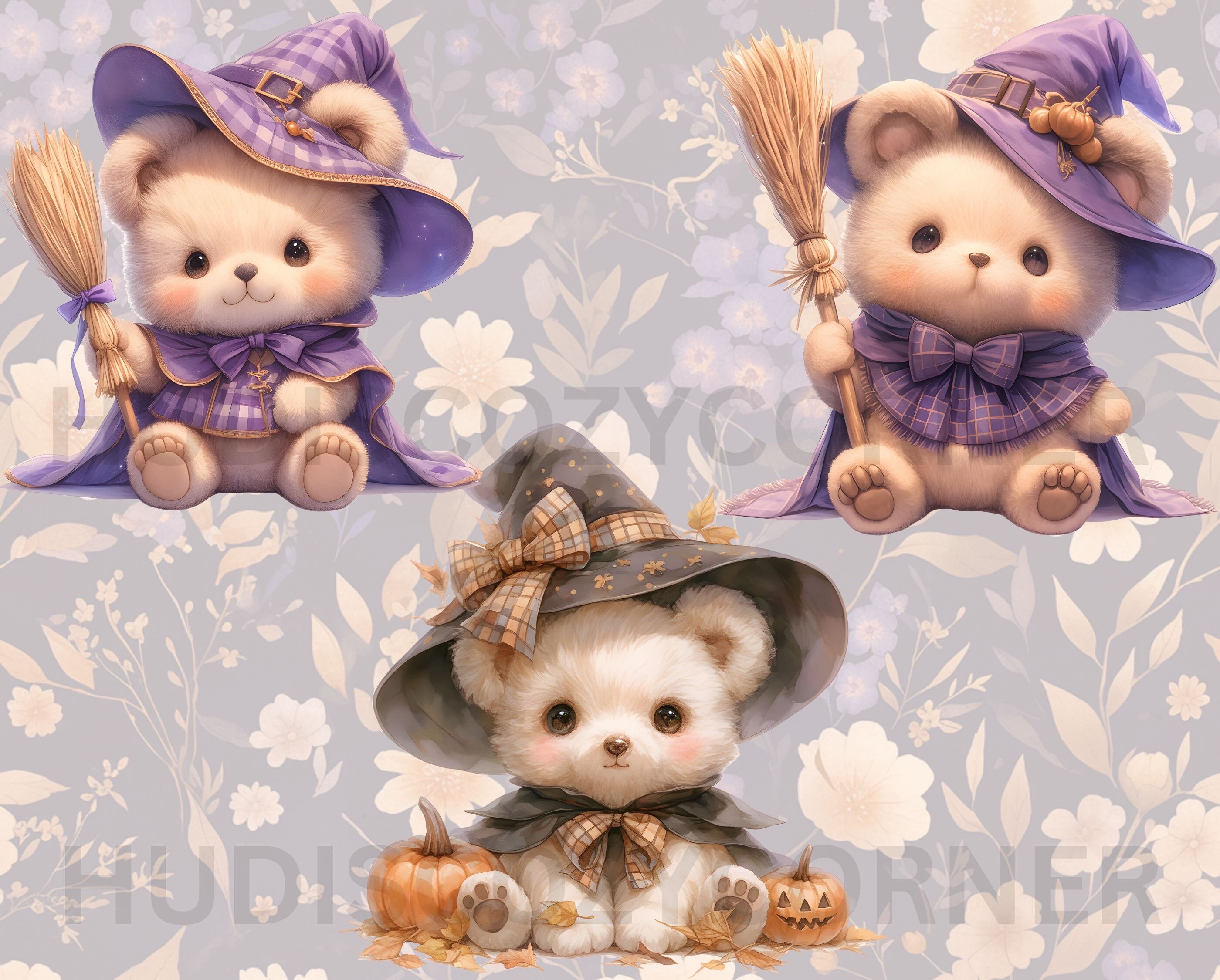 14 Teddy Bear in Witch Costume Clipart, Watercolor Vintage Halloween ...