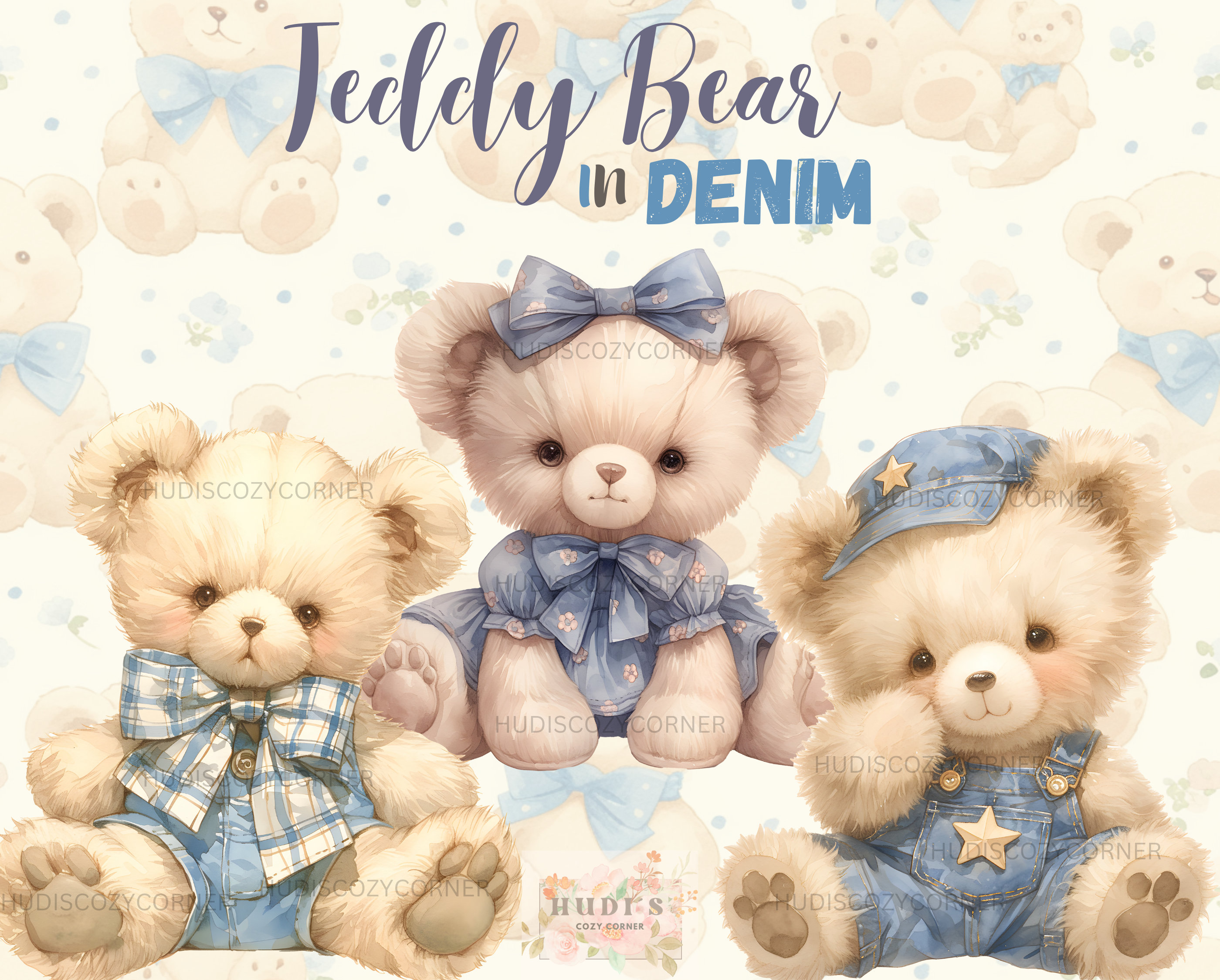 16 Teddy Bear in Denim Clipart Bundle, Watercolor Vintage Teddies ...