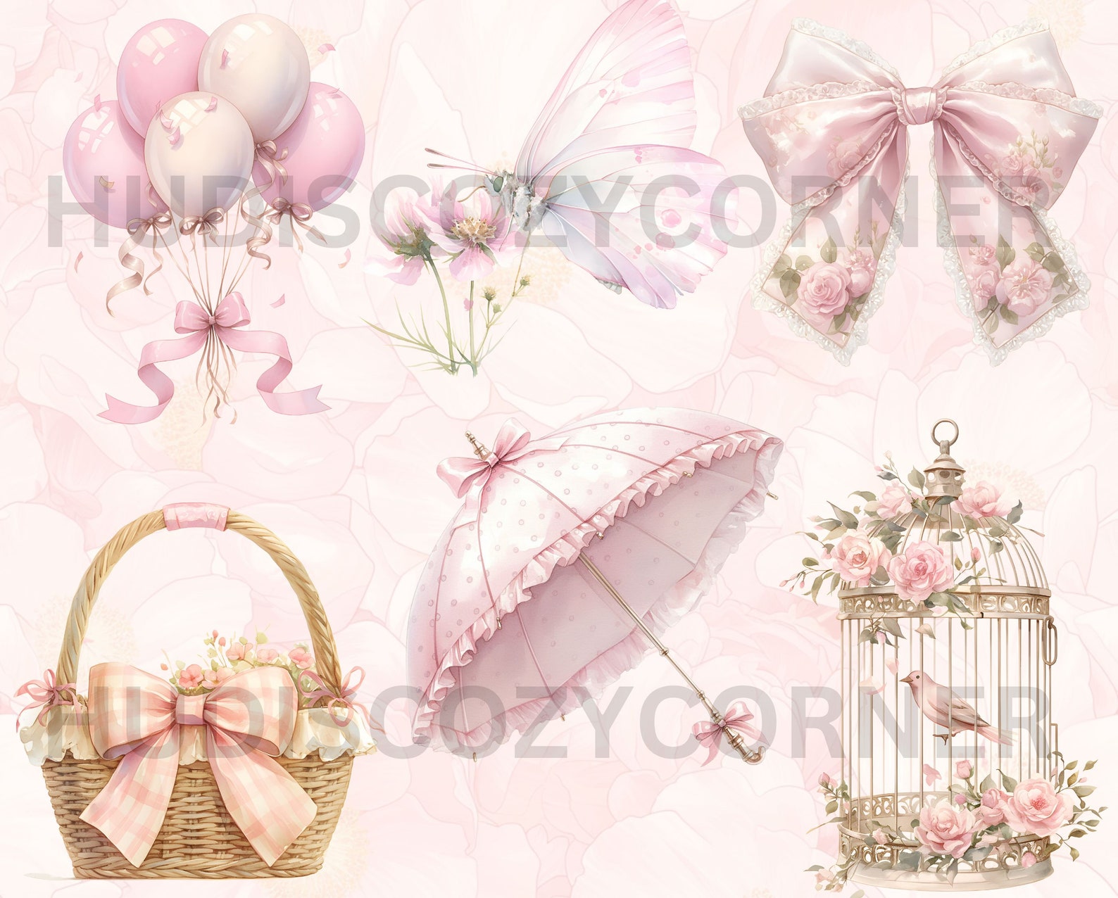 45 Coquette Aesthetics Clipart Bundle, Watercolor Vintage Soft Pink ...