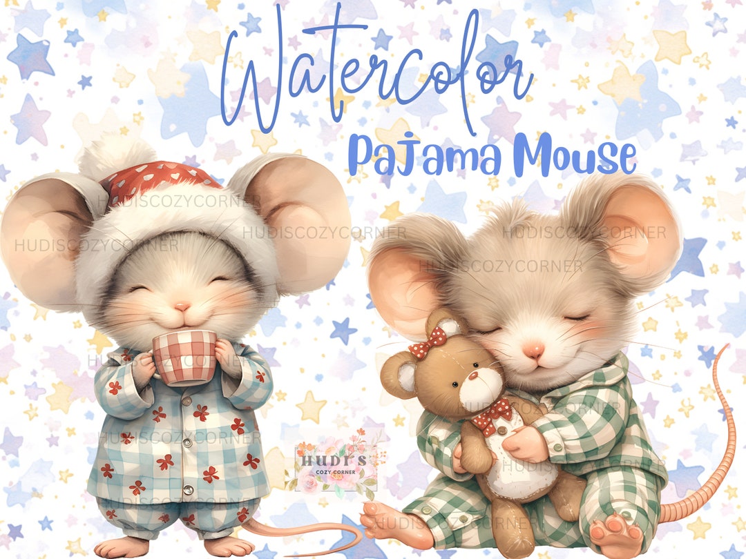 8 Cute Mouse in Pajama Clipart, Watercolor Mice in Pajamas Bundle, PNG ...