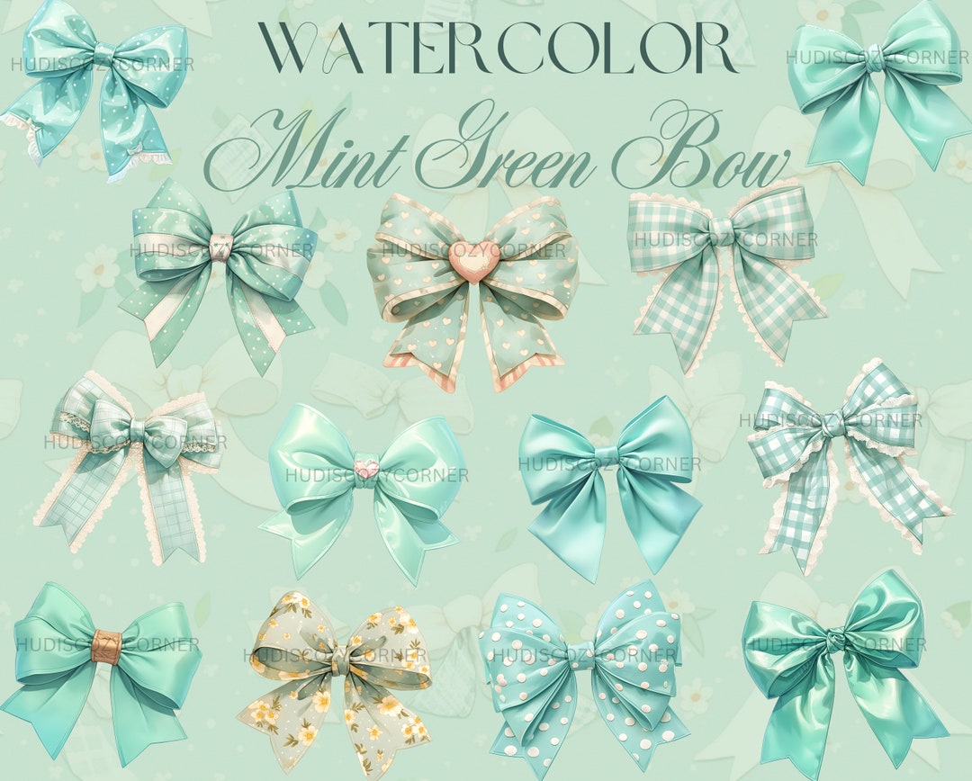 35 Cute Mint Green Gingham Bow Clipart Bundle, Watercolor Silk and Lace ...