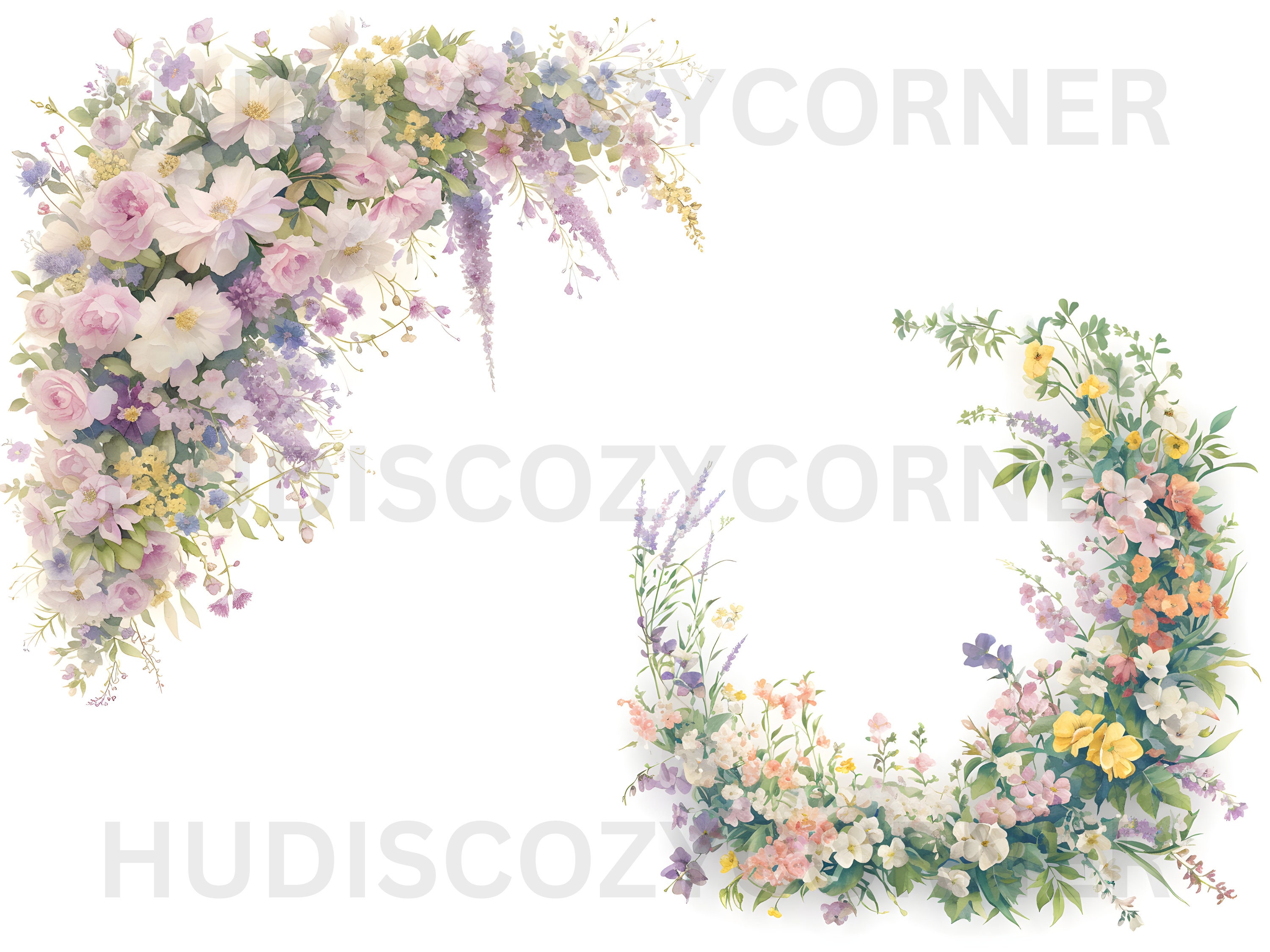 12 Watercolor Spring Flower Border Clipart, Floral Decorative Corner ...